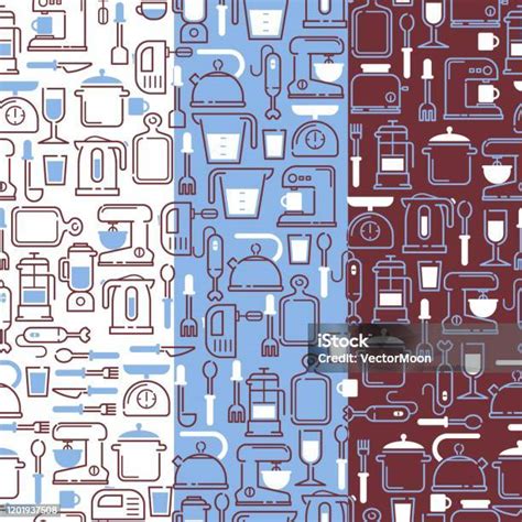 주방은 원활한 패턴 벡터 그림아이콘을 제공합니다 가전 제품 및 기구의 플랫 라인 엠블럼 주방 용품 요리 도구 세트 0명에 대한