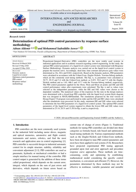 pdf determination of optimal pid control parameters by response