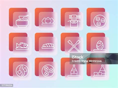 세트 라인 초밥 완탕 음식 젓가락 술병 생선 스테이크 종이 상자에 담긴 아시아 국수 라면 국물 그릇 및 만두 아이콘 벡터 0명에