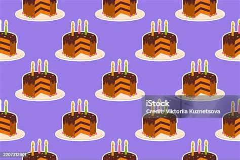 촛불이 켜진 귀여운 만화 초콜릿 생일 케이크가 특징인 원활한 패턴입니다 포장지 패브릭 프린트 벽지 및 파티 장식에 적합합니다 0명에 대한 스톡 벡터 아트 및 기타 이미지