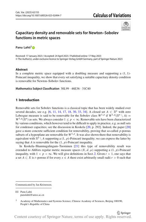 Capacitary Density And Removable Sets For Newtonsobolev Functions In Metric Spaces Request Pdf