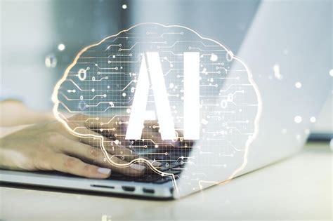 premium photo double exposure of creative artificial intelligence symbol with hands typing on