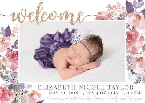 Girl Birth Announcement Template Newborn Photo Card Photoshop