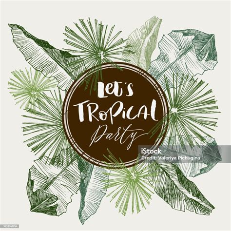 열 대 야 자 나뭇잎 몬스 테라로 파티 초대장 라운드 정글 Aralia 바나나 잎 디자인 서식 파일입니다 높은 상세한 식물