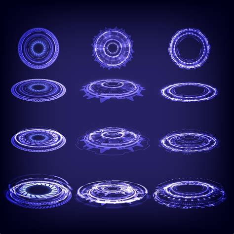 빛나는 Hud의 공상 과학 첨단 무대 컬렉션 판타지 게임의 마법 워프 게이트 원형 텔레포트 연단 Rays Gui Ui 가상 현실 사용자 홀로그램 포털 조명 사용자 인터페이스