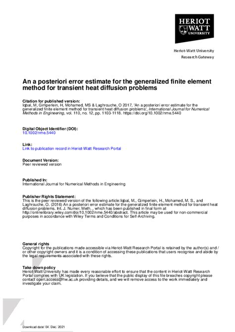 Pdf An A Posteriori Error Estimate For The Generalized Finite Element Method For Transient