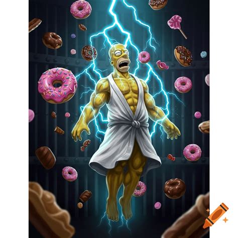 Muscular Homer Simpson In A White Robe Floating With Blue Lightning