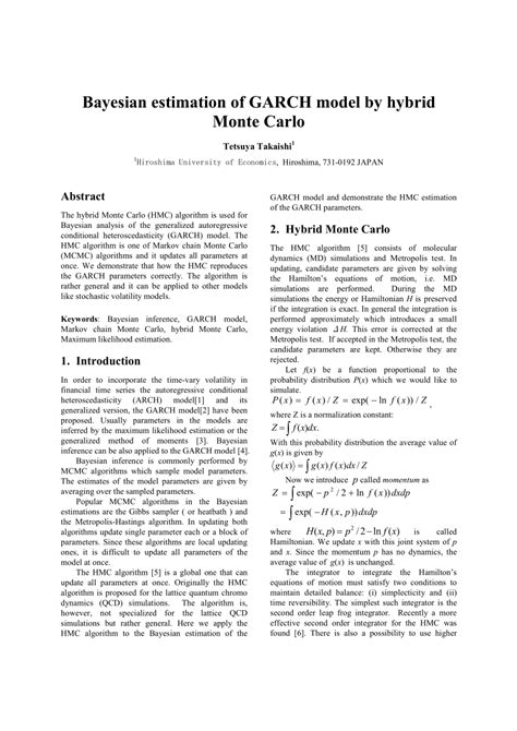 Pdf Bayesian Estimation Of Garch Model By Hybrid Monte Carlo