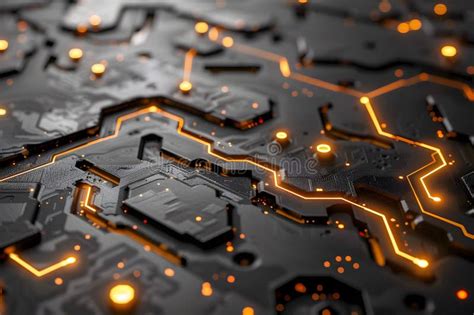 Futuristic Circuit Board With Glowing Orange Led Pathways For
