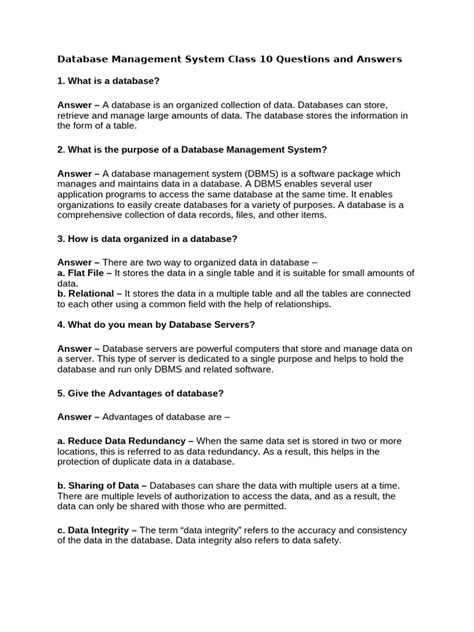 database management system class 10 questions and answers pdf