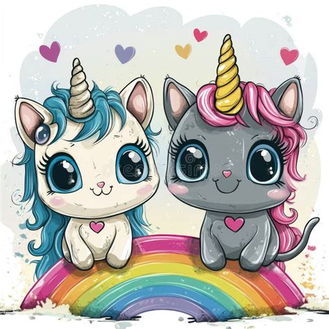 Together A Cat And A Unicorn Rest On The Uppermost Part Of A Rainbow
