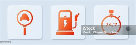 전기 자동차 충전소 돋보기 및 택시 자동차 및 스톱워치 24시간 설정합니다 흰색 정사각형 버튼 벡터 24 시간 영업 표시에 대한 스톡 벡터 아트 및 기타 이미지 Istock