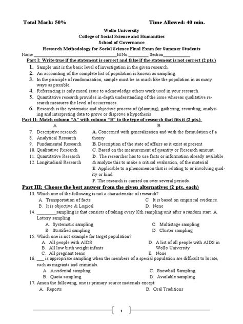 Research Summer Final Exam Pdf Sampling Statistics Statistics