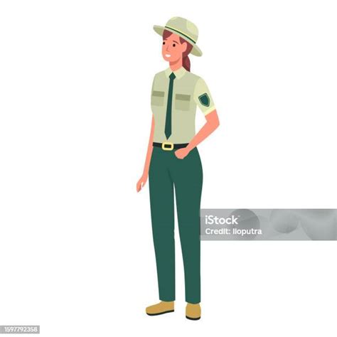 환경 경찰 여성 경찰관 플랫 컬러 벡터 캐릭터 세트 산림 보호 법 집행 요원 웹 그래픽 디자인 및 애니메이션 수집을위한 고립 된 만화 일러스트 레이 션 강사에 대한 스톡