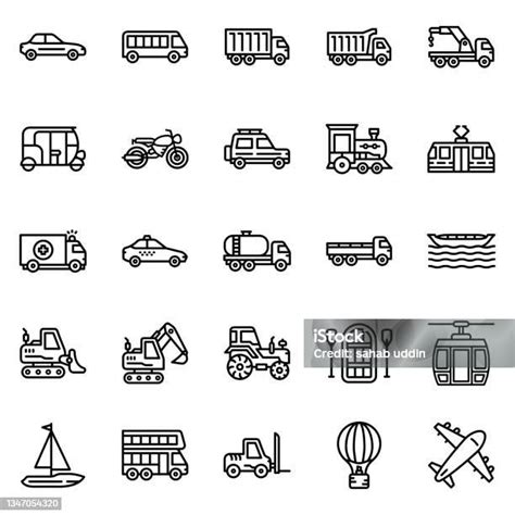 차량 아이콘 세트 벡터 일러스트레이션 자동차 버스 트럭 기차 자동 택시 인력거 비행기 수송 교통 얇은 라인 아이콘 대중 교통에