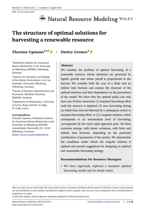 Pdf The Structure Of Optimal Solutions For Harvesting A Renewable Resource