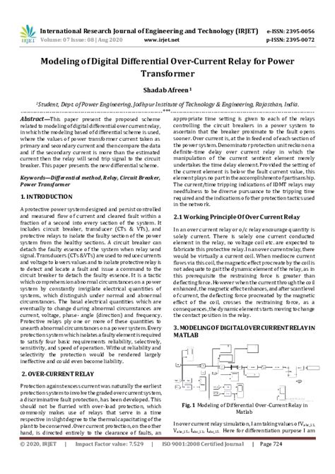 Pdf Irjet Modeling Of Digital Differential Over Current Relay For Power Transformer