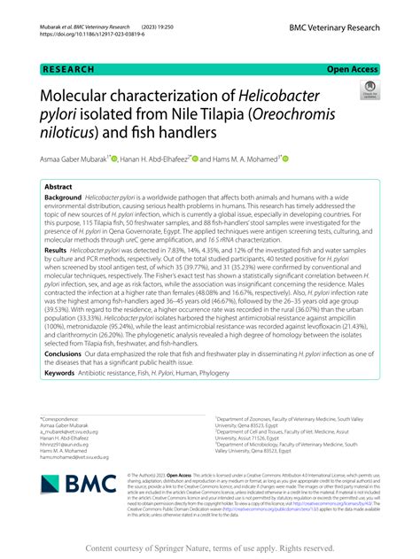Pdf Molecular Characterization Of Helicobacter Pylori Isolated From Nile Tilapia Oreochromis