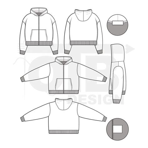Cropped Oversized Zip Hoodie Sweatshirt Flat Vector Technical Drawing