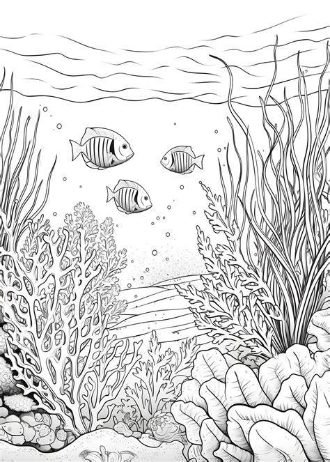 바다 에서 색칠 페이지 바다 아래 윤 색칠 페이지는 바다 생명이 바다에서 색칠을위한 라인 아트 그림책 바다 아래 세계 색채 페이지 Ai 생성 프리미엄 사진