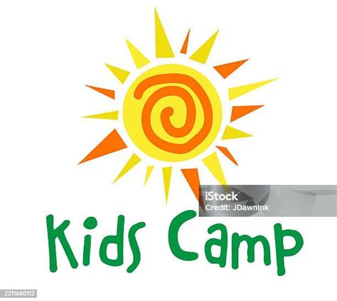 아이 여름 캠프 레이블 디자인 개념 밝은 색상 태양과 텐트 흰색 배경에 개념에 대한 스톡 벡터 아트 및 기타 이미지 개념 광고 다중 색상 Istock