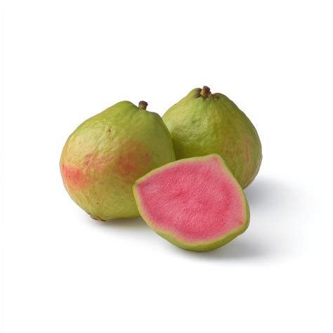 Two Whole Pink Guavas And One Half Guava Isolated On White Background