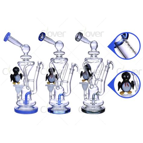 Penguin Themed Recycler Glass Bong With 14mm Joint Fun Design And