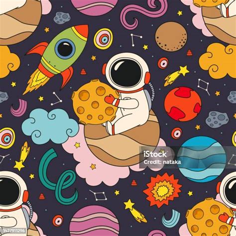 달과 함께 행성에 앉아있는 귀여운 우주 비행사와 완벽한 패턴 구름에 대한 스톡 벡터 아트 및 기타 이미지 구름 귀여운 꿈같은 Istock