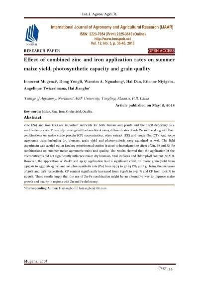 Effect Of Combined Zinc And Iron Application Rates On Summer Maize Yield Photosynthetic