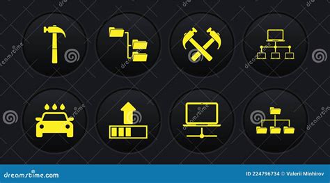 Set Car Wash Computer Network Loading Two Crossed Hammers And Folder Tree Icon Vector