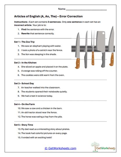 Article Error Correction Worksheet Editing Articles