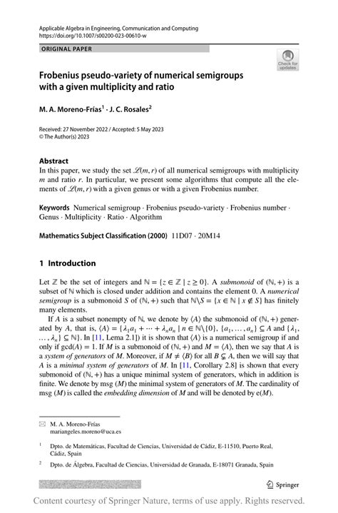 Pdf Frobenius Pseudo Variety Of Numerical Semigroups With A Given Multiplicity And Ratio