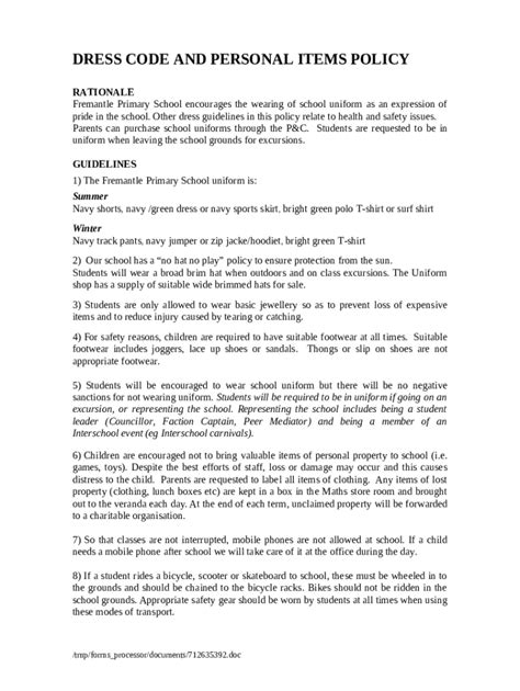 Dress Code And Personal Items Policy Doc Template Pdffiller