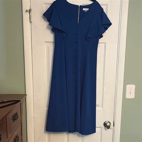 Calvin Klein Blue Flutter Sleeve Midi Dress Gem