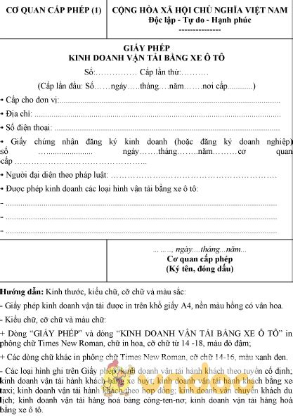 Mẫu giấy phép kinh doanh vận tải bằng xe ô tô HoaTieu vn