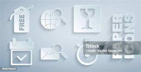 돋보기가 있는 봉투 깨지기 쉬운 깨짐 달력 확인 표시 빠른 시간 배달 돋보기 및 가격표 무료 아이콘을 설정합니다 벡터 3차원 형태에 대한 스톡 벡터 아트 및 기타 이미지