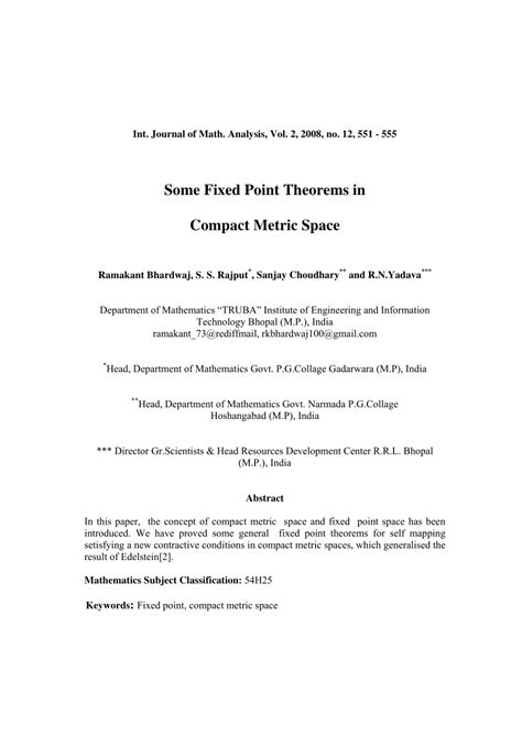 Pdf Some Fixed Point Theorems In Compact Metric Space