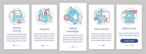 선형 개념이 있는 시작 교육 온보딩 모바일 앱 페이지 화면 비즈니스 기술 향상 연습 단계 그래픽 지침 삽화가 있는 Ux Ui Gui 벡터 템플릿 프리미엄 벡터