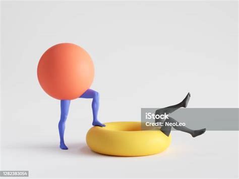 흰색 배경에 격리 된 3d 렌더링 추상 기하학적 만화 문자 적의 은유를 물리쳤다 마네킹 다리가 있는 붉은 공과 흰색 토러스 초현실적 인 현대 미니멀 클립 아트 3차원 형태에
