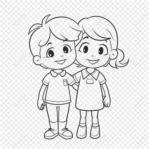 행복한 귀여운 아이 개요 스케치의 두 그림과 함께 어린이 색칠 페이지 벡터두꺼운 선라인 아트 Png 일러스트 무료 다운로드