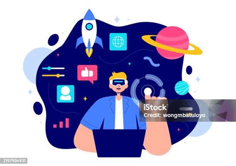 메타버스 디지털 가상 현실 Vr 안경을 착용하고 배경에서 미래의 혁신과 커뮤니케이션을 탐구하는 사람의 벡터 일러스트레이션 0명에 대한 스톡 벡터 아트 및 기타 이미지