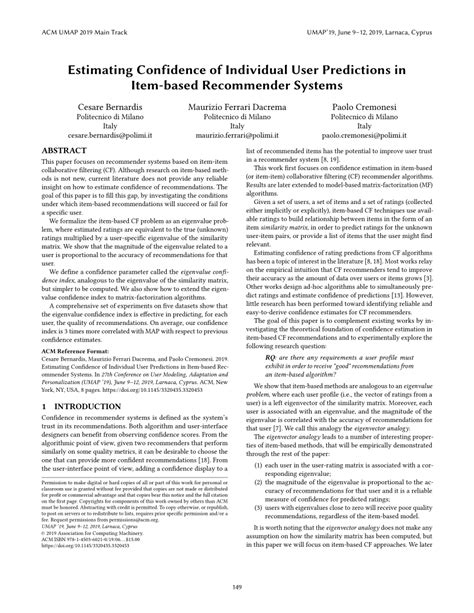 Pdf Estimating Confidence Of Individual User Predictions In Item Based Recommender Systems