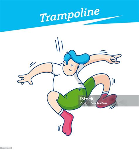 트램 폴 린 공원 점프 트램 폴 린 트릭입니다 아이 재미 있는 트램 폴 린에서 놀고 공원 행복 한 어린 소년 점프 양말을 착용 벡터 일러스트 레이 션 개념에 대한 스톡 벡터
