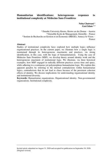 Pdf Humanitarian Identifications Heterogeneous Responses To Institutional Complexity At