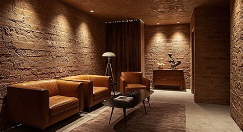 Cozy Lounge Area With Leather Sofas And Modern Brick Wall Interior