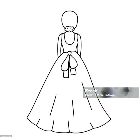 웨딩 드레스를 입은 신부 또는 소녀 이브닝 드레스를 입은 여자 뒤에서 바라본 모습 흰색 배경에 격리된 벡터 낙서 오프라인 그림