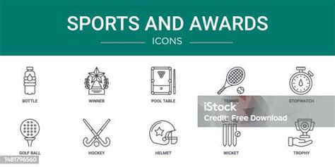 병 우승자 당구대 테니스 스톱워치 골프 공 보고서 프리젠 테이션 다이어그램 웹 디자인 모바일 앱을위한 하키 벡터 아이콘과 같은 10 개의 개요 웹 스포츠 및 수상 아이콘