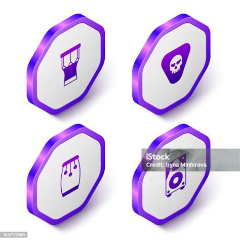 아이소메트릭 아프리카 타악기 드럼 기타 픽 콩가 드럼 및 스테레오 스피커 아이콘을 설정합니다 보라색 육각형 버튼 벡터 3차원 형태에 대한 스톡 벡터 아트 및 기타 이미지