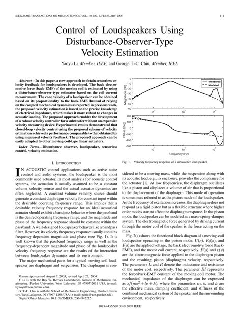 Pdf Control Of Loudspeakers Using Disturbance Observer Type Velocity Estimation