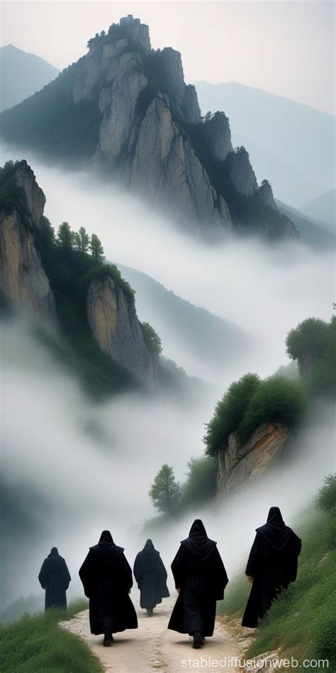 A Group Of Monks In Their Black Robes And Cowls Slowly Ascend Mount